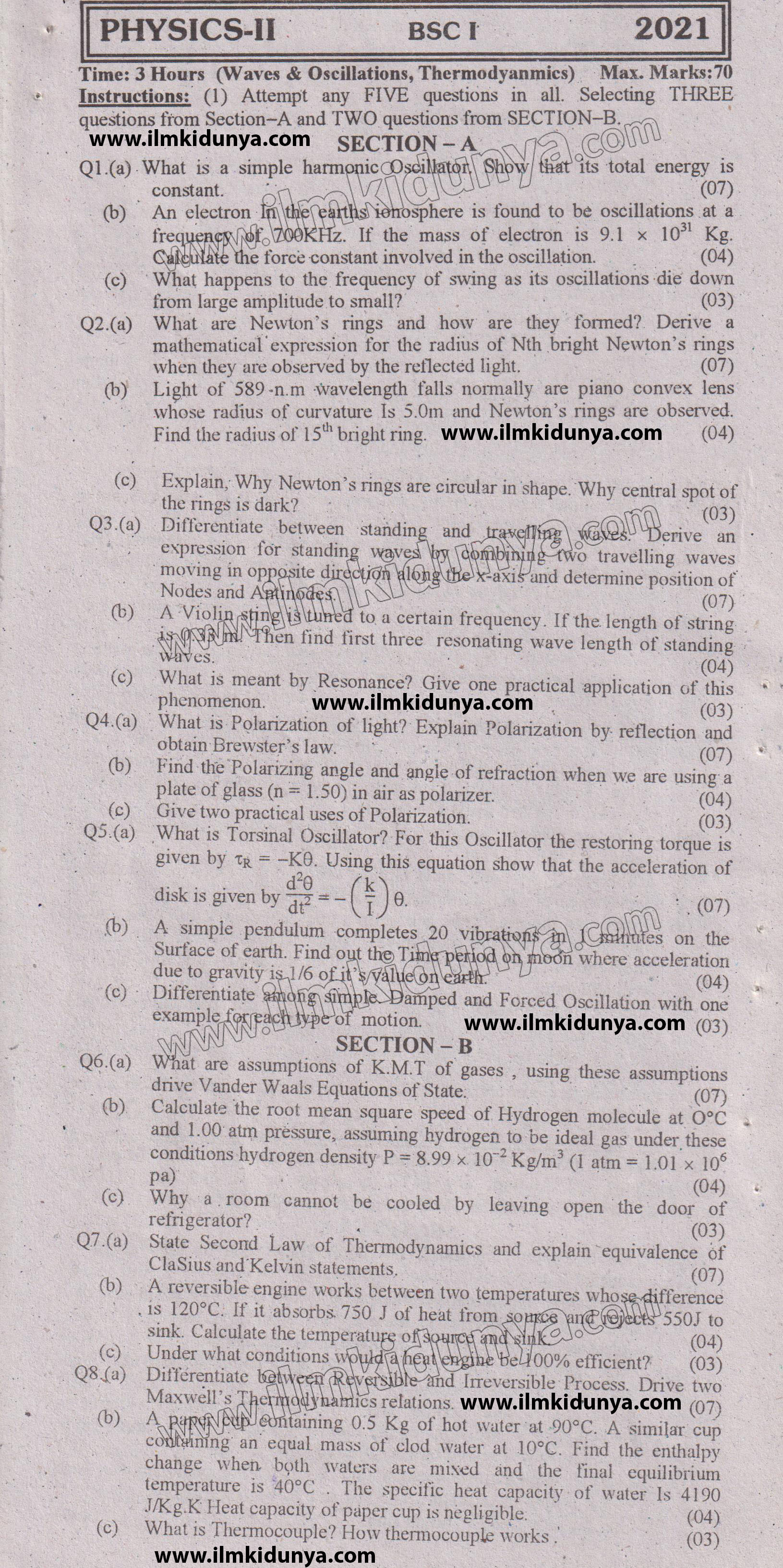 Past Paper 2021 Karachi University B.Sc Part 1 Physics II Subjective