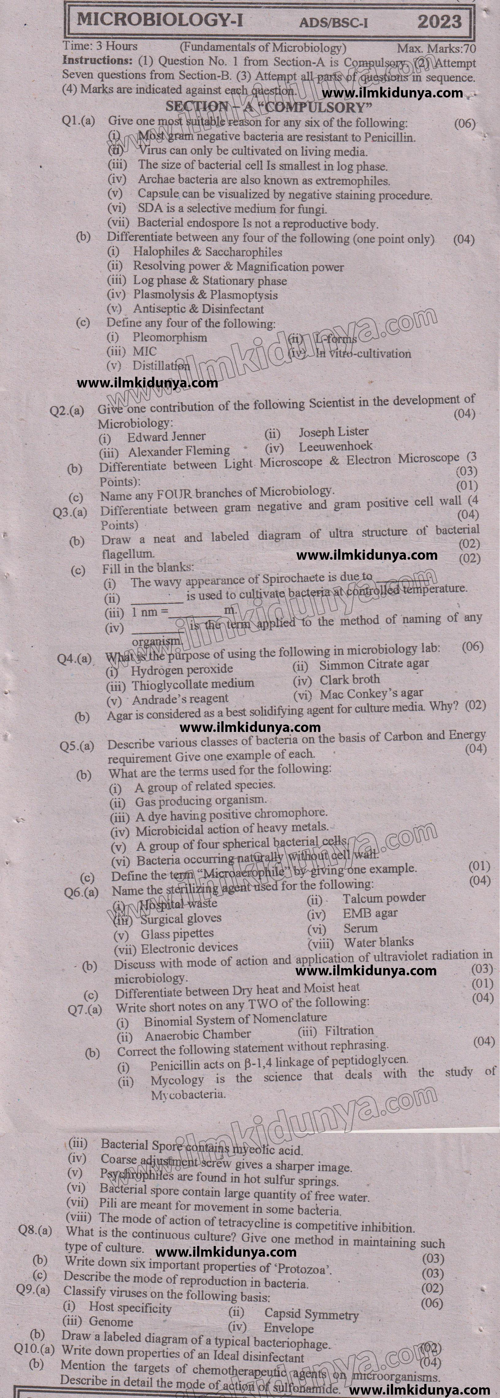 Past Paper 2023 Karachi University B.Sc Part 1 Microbiology I Subjective