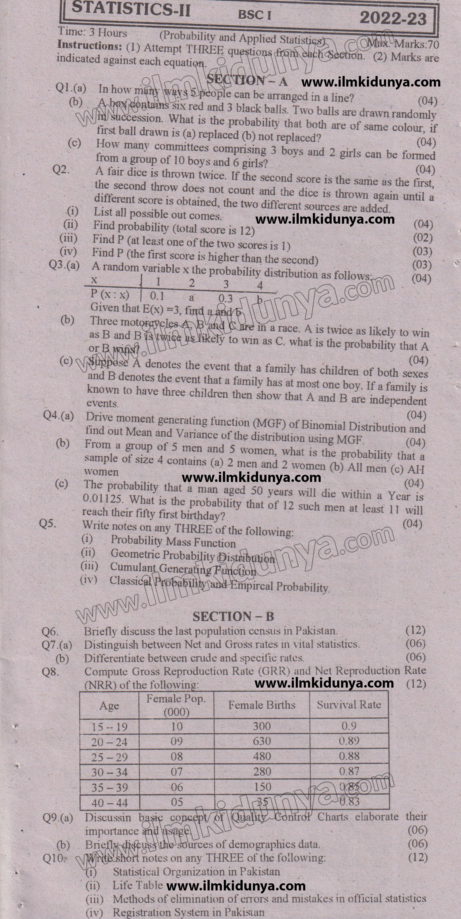 Past Paper 2023 Karachi University B.Sc Part 1 Statistics II Subjective