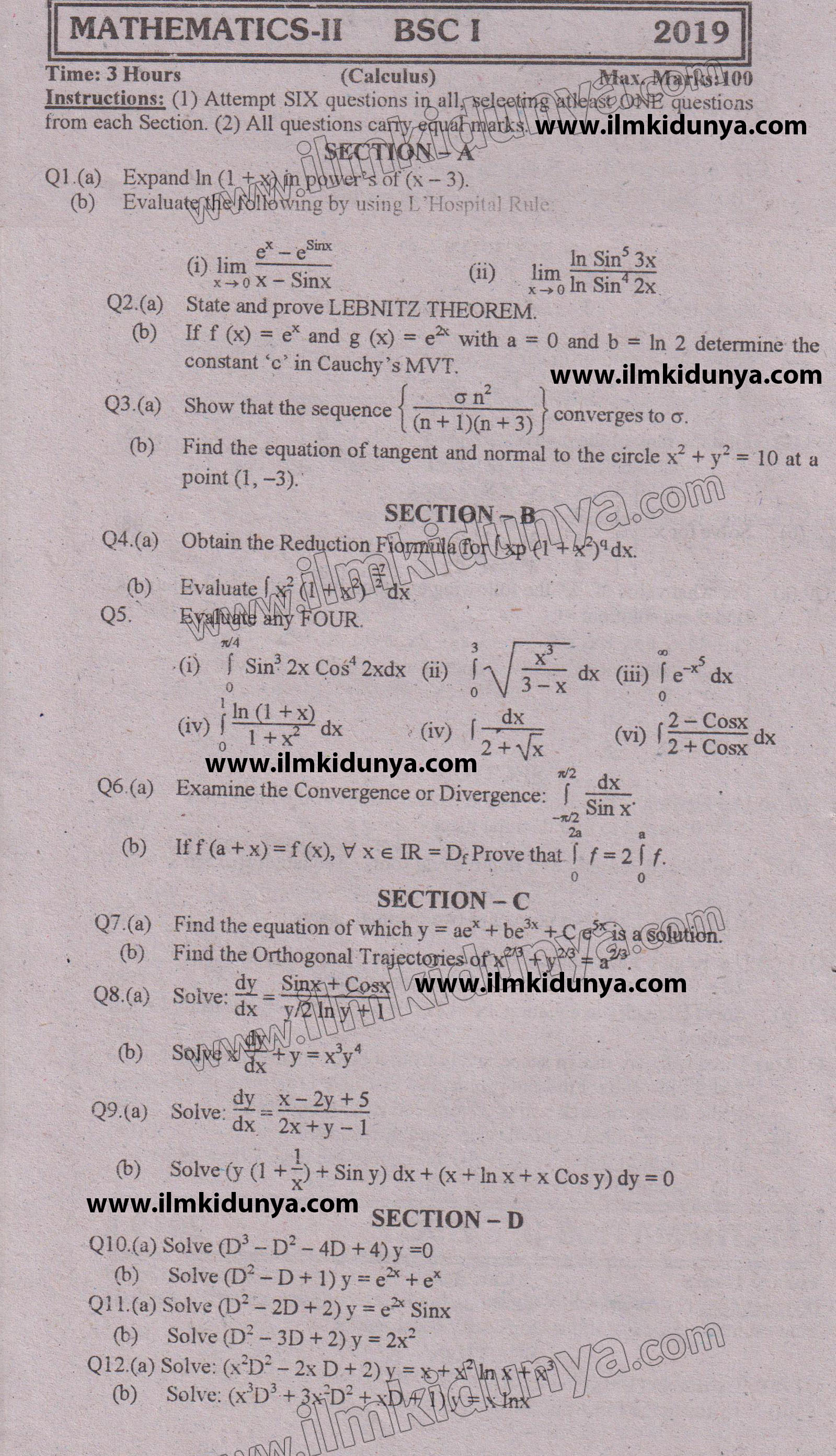 Past Papers Karachi University 2019 BSc Part 1 Mathematics II