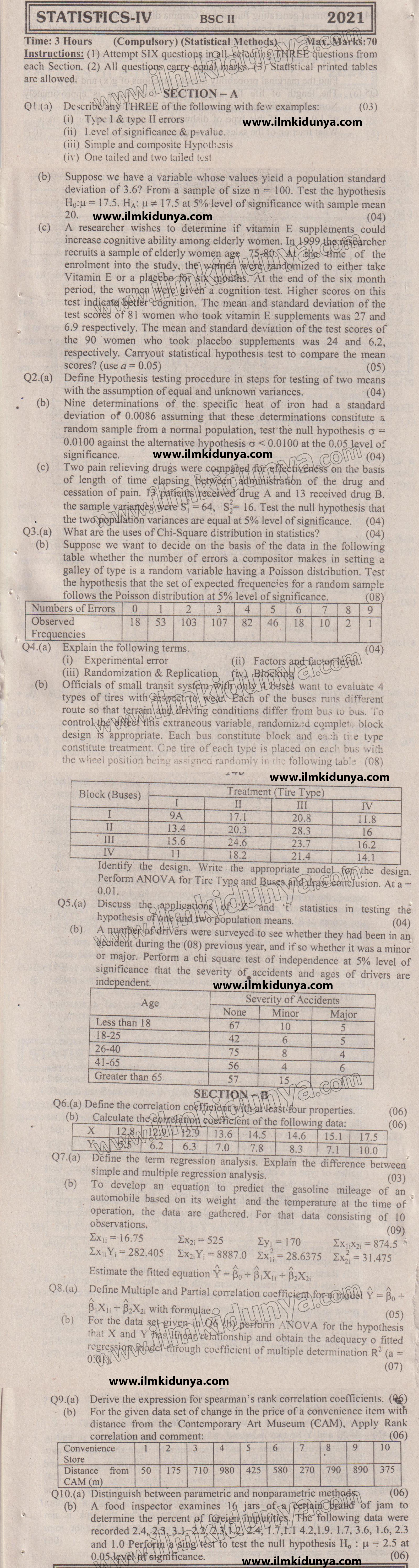 past paper 2021 karachi university b.sc part 2 statistics (iv) subjective