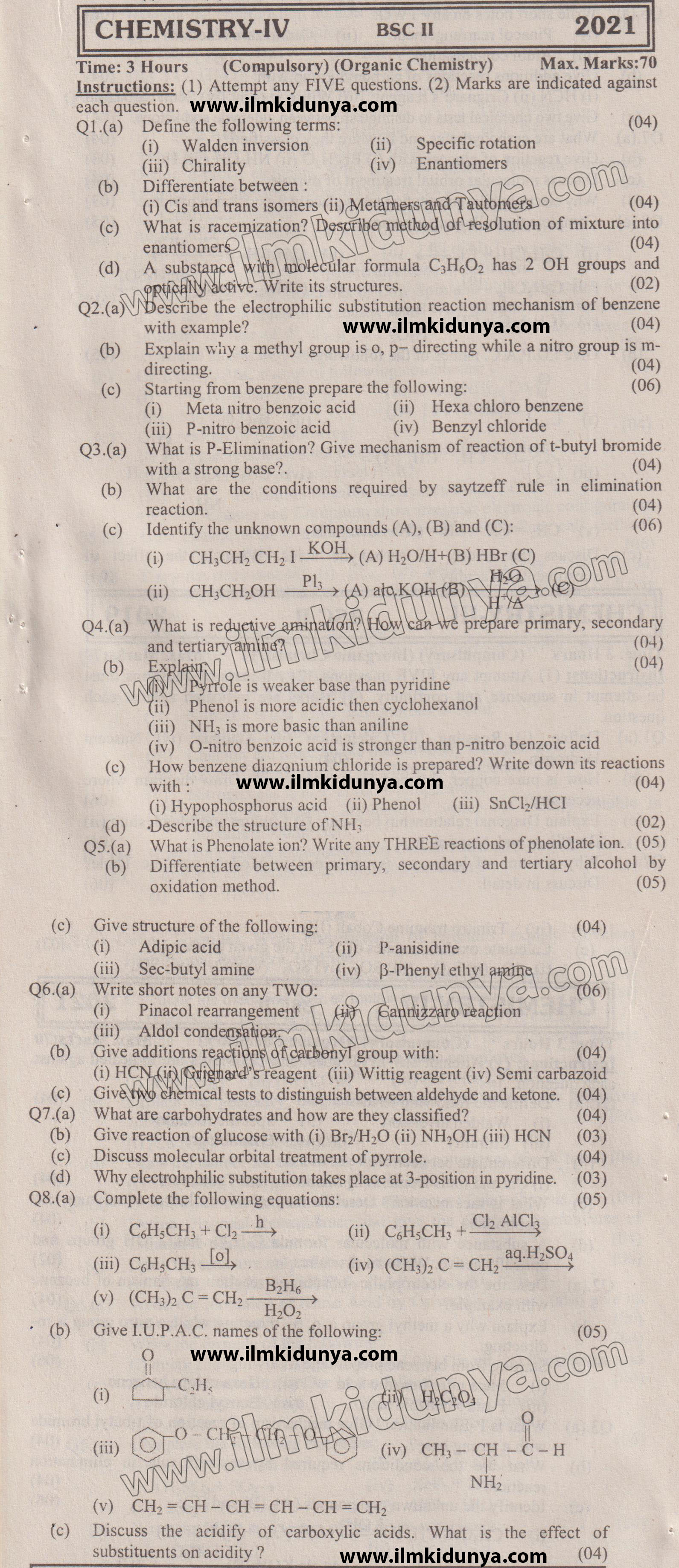 past paper 2021 karachi university bsc part 2 chemistry (iv) subjective