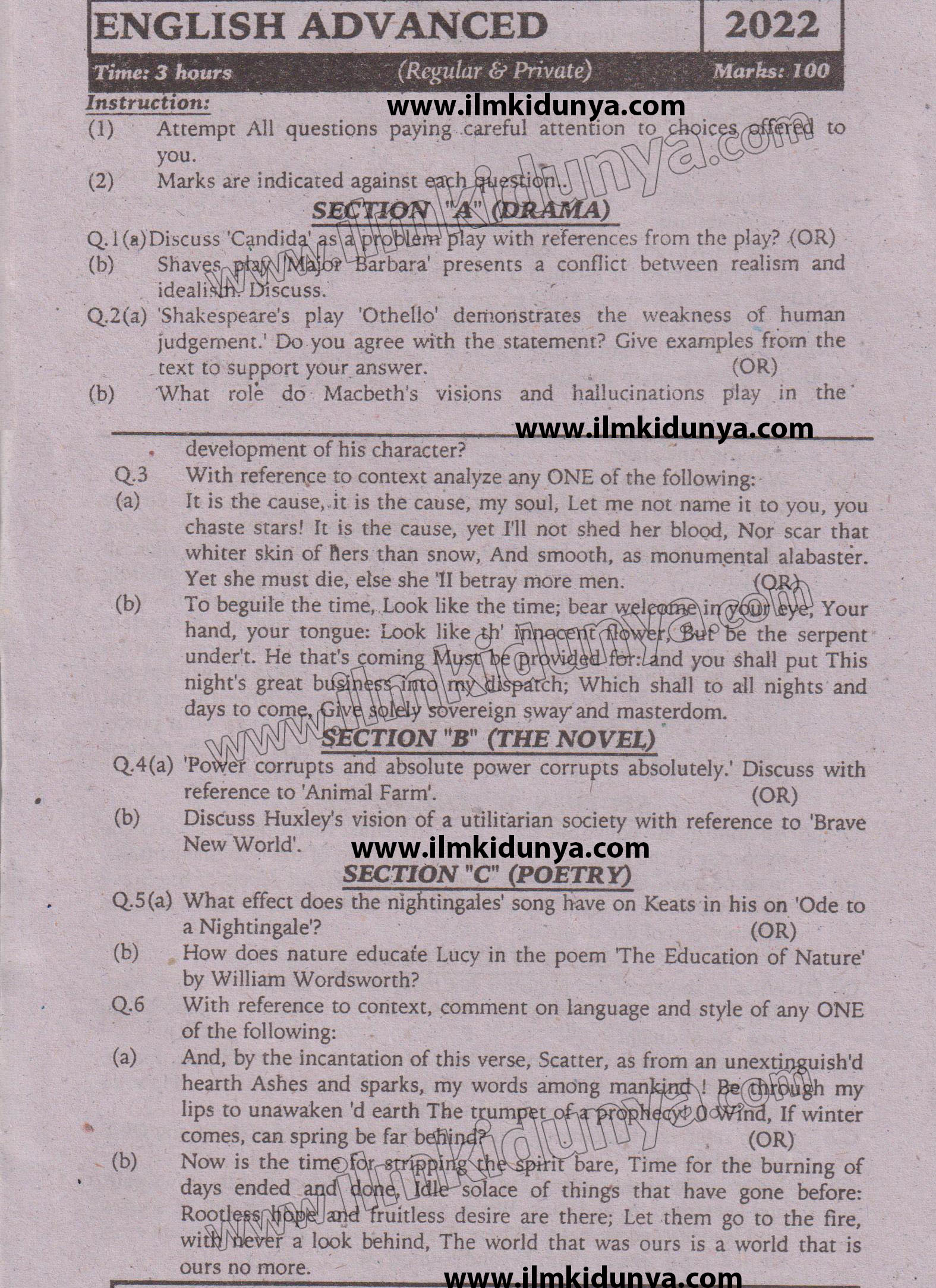 past paper 2022 karachi university b.a part 2 english advance subjective