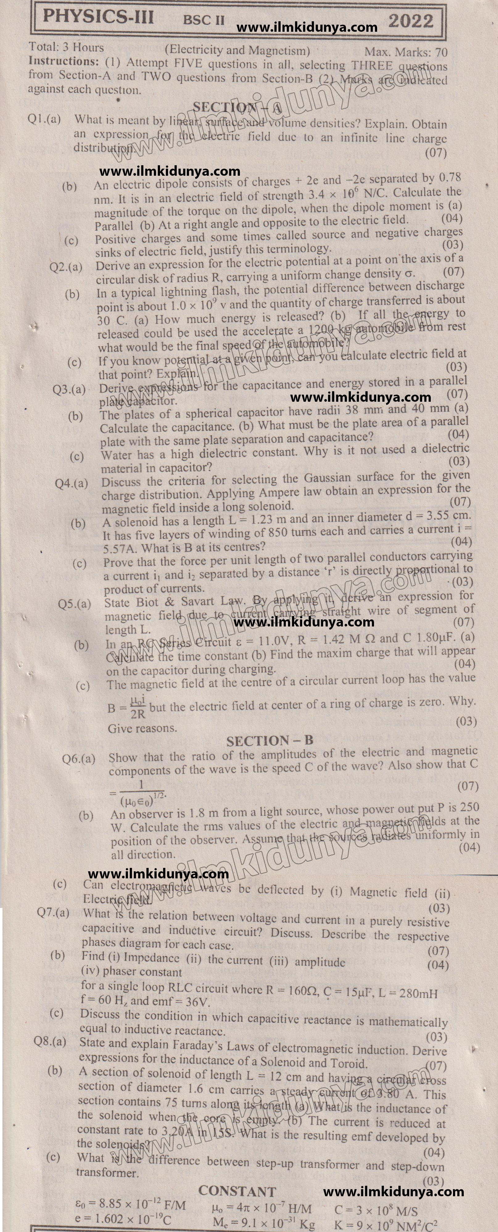 past paper 2022 karachi university b.sc part 2 physics (iii) subjective