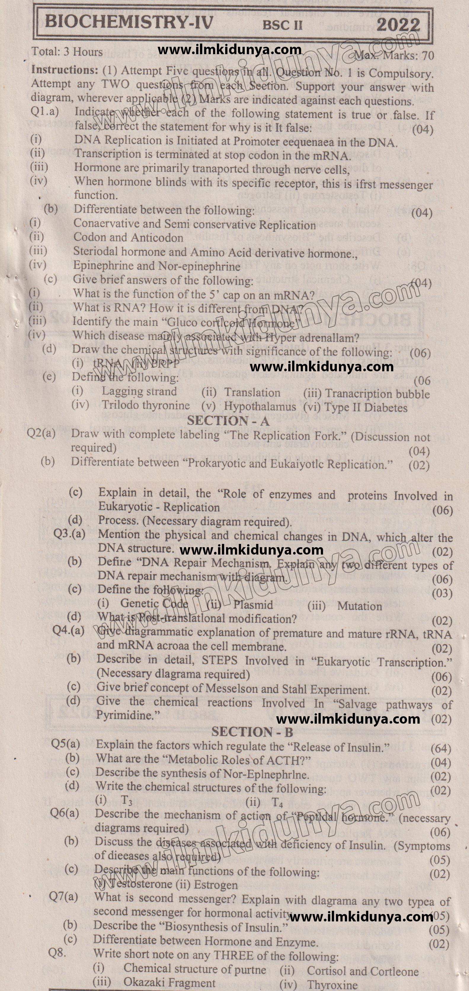 past paper 2022 karachi university bsc part 2 biochemistry (iv) subjective