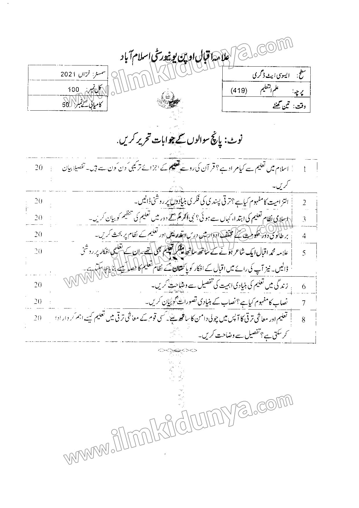 Past Papers 2021 Allama Iqbal Open University BA Education 419