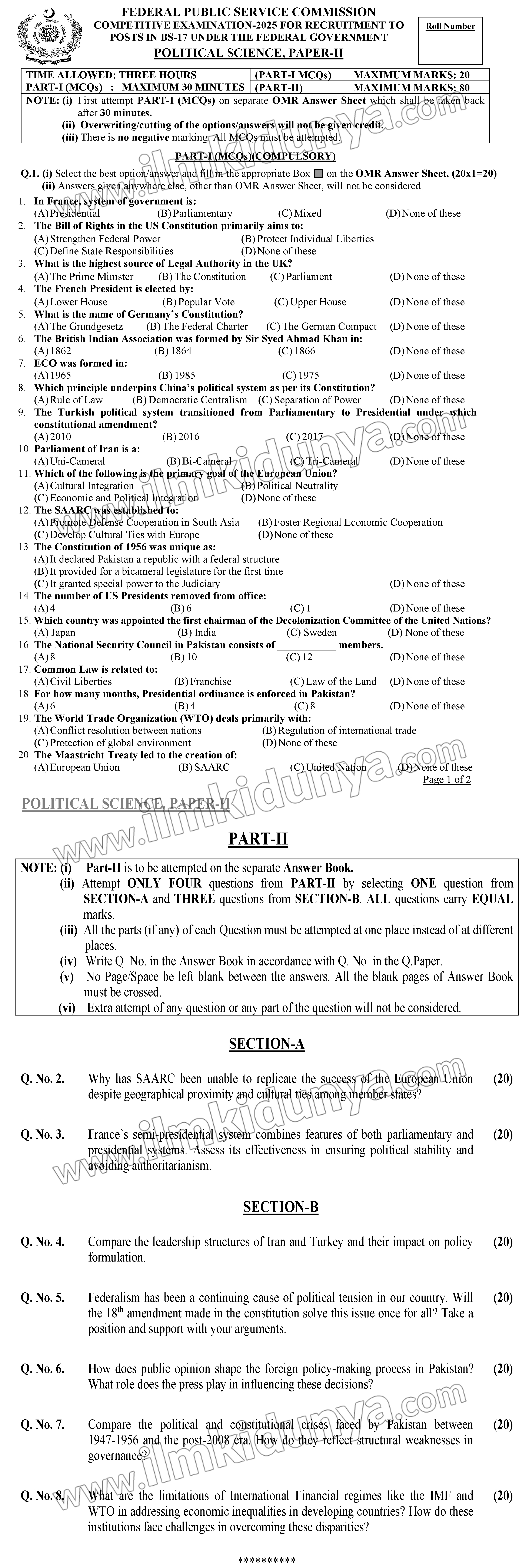 CSS Past Paper 2025 Political Science Paper II