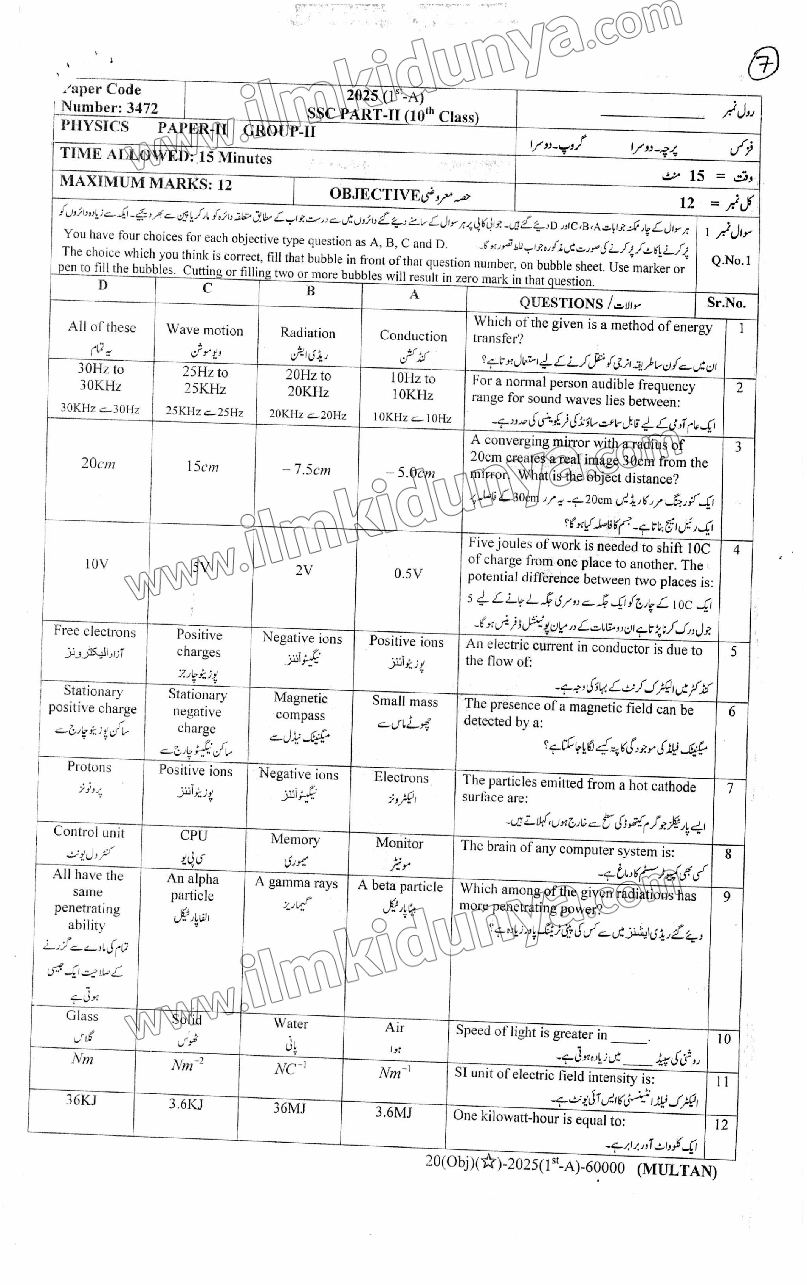 Past Paper 2025 10th Class Multan Board Physics Group II Objective