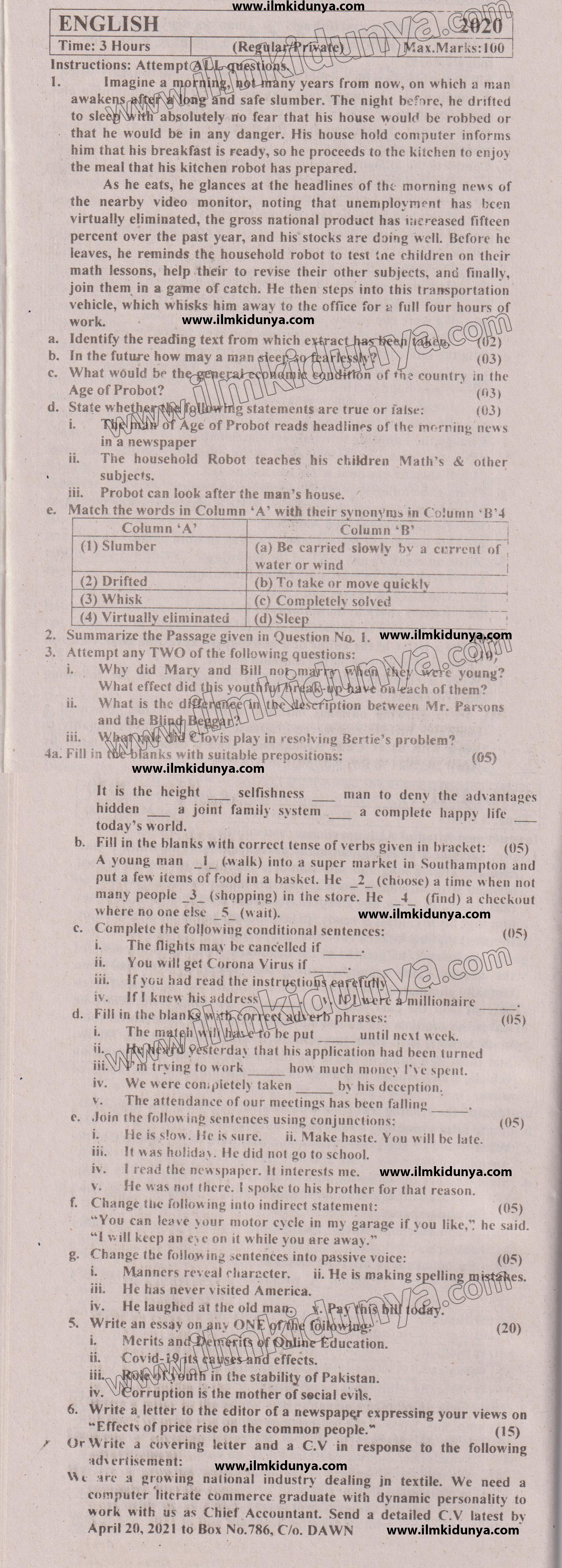 past paper 2020 karachi university b.com part 1 english subjective