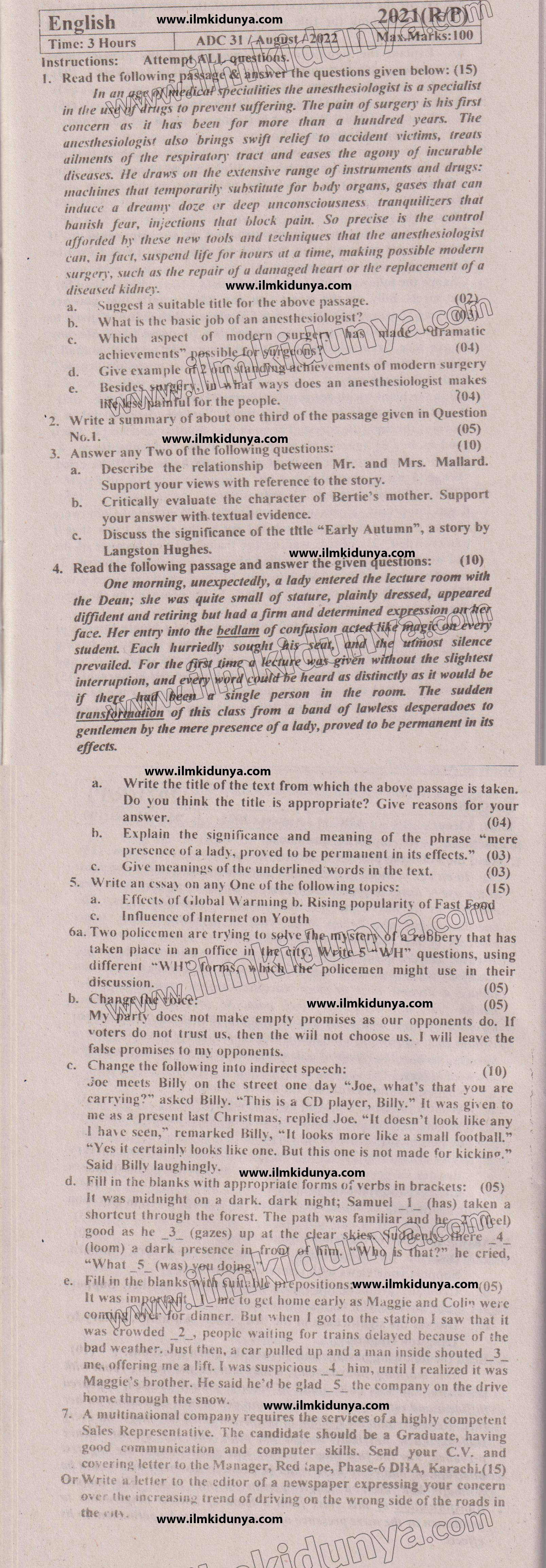 past paper 2021 karachi university b.com part 1 english subjective