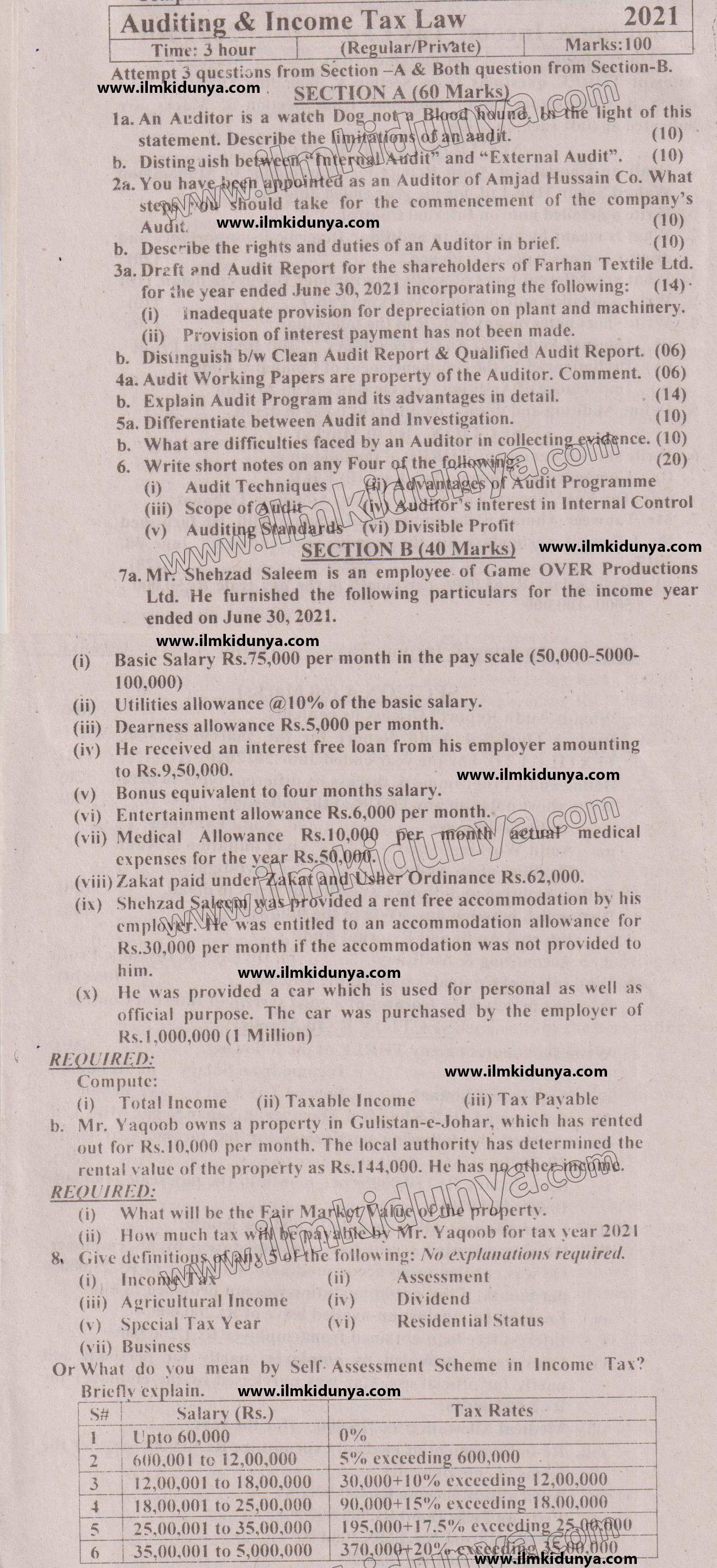 past paper 2021 karachi university b.com part 2 auditing and income tax ...