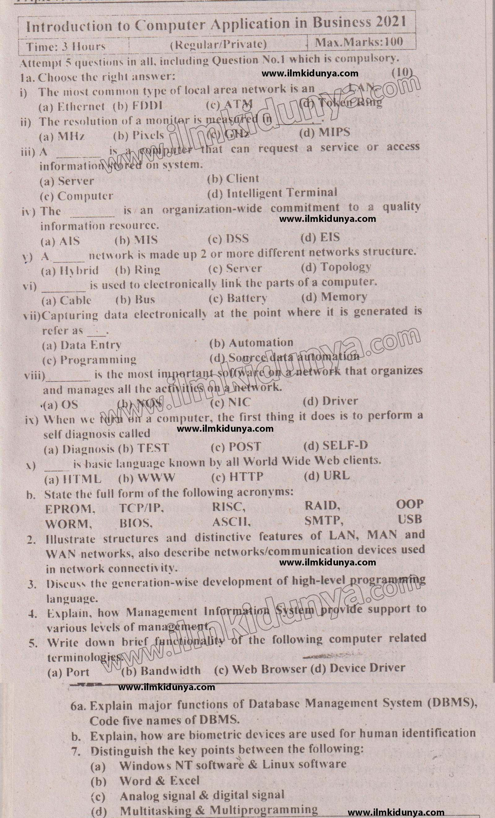 past paper 2021 karachi university b.com part 2 computer in business ...