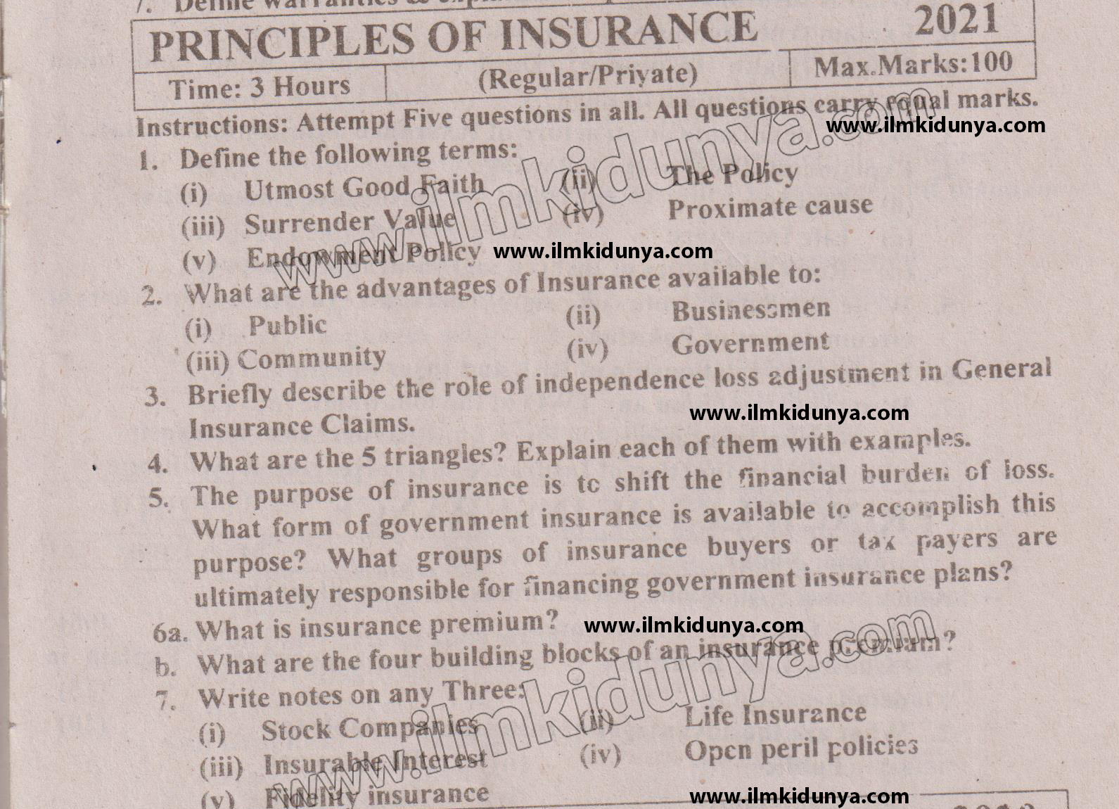 past paper 2021 karachi university b.com part 2 principle of insurance ...