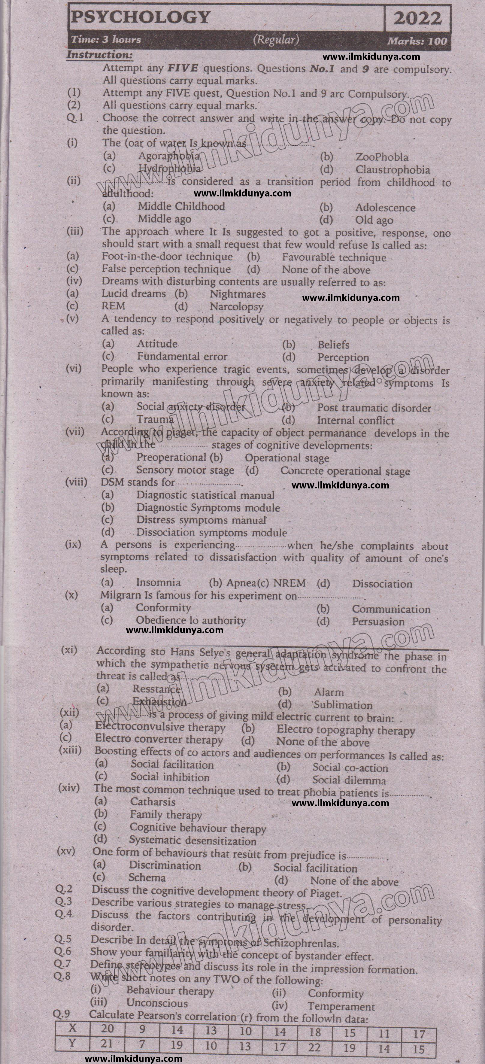 past paper 2022 karachi university b.a part 2 psychology subjective
